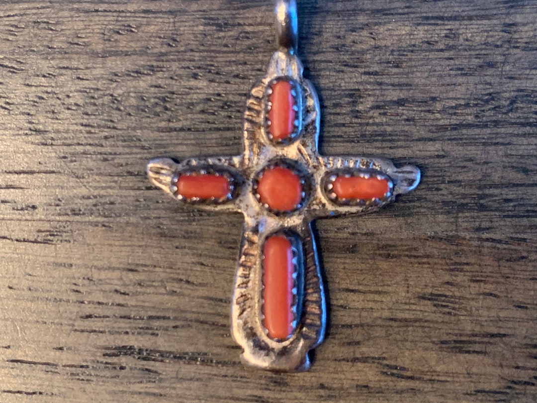 Cecilia Iule Cross Pendant Coral Stones Sterling Silver Vtg Stamped C ...