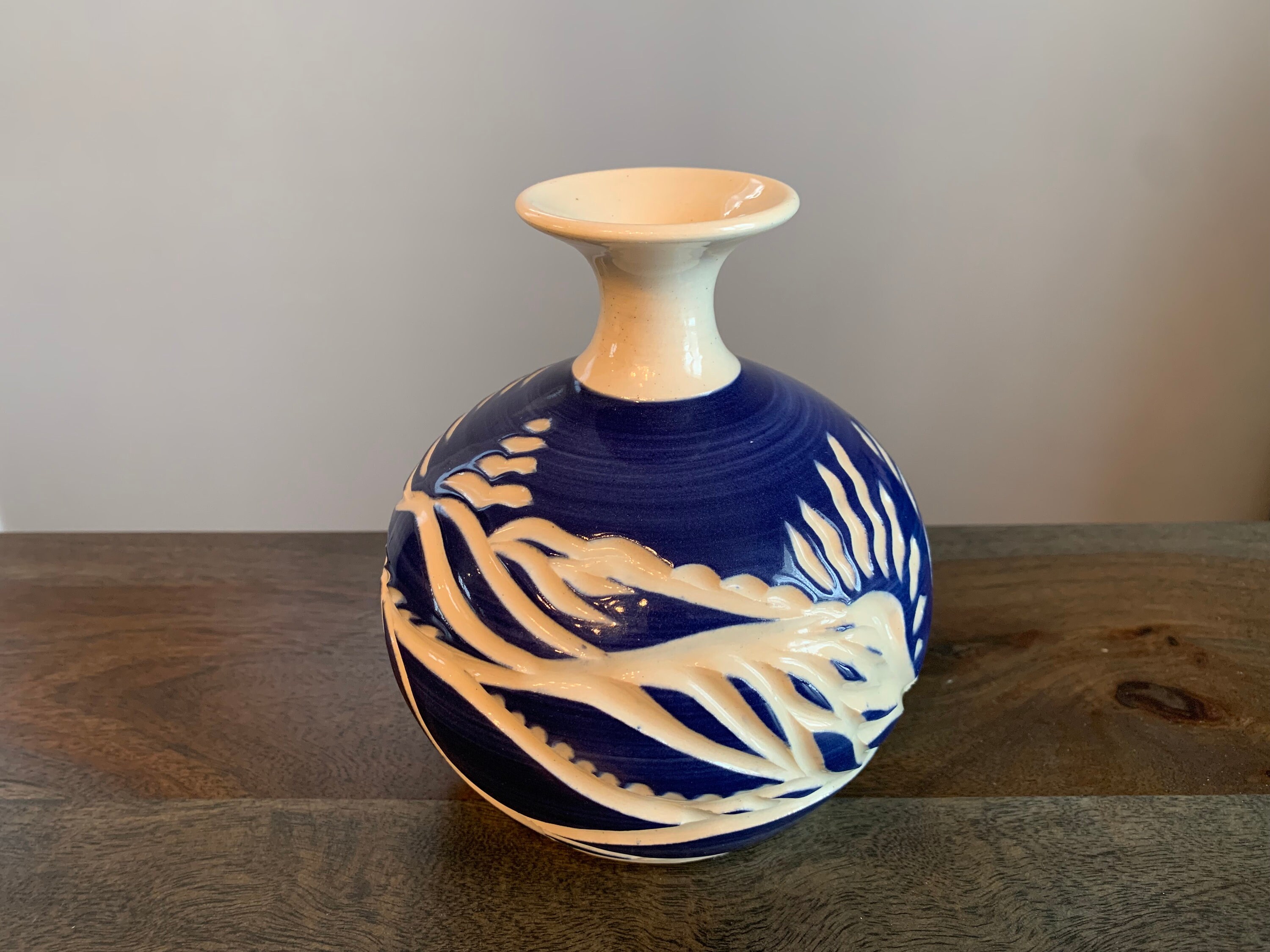 Signed Studio Pottery Vase Blue White Signed Mckinnon Que Made in ...