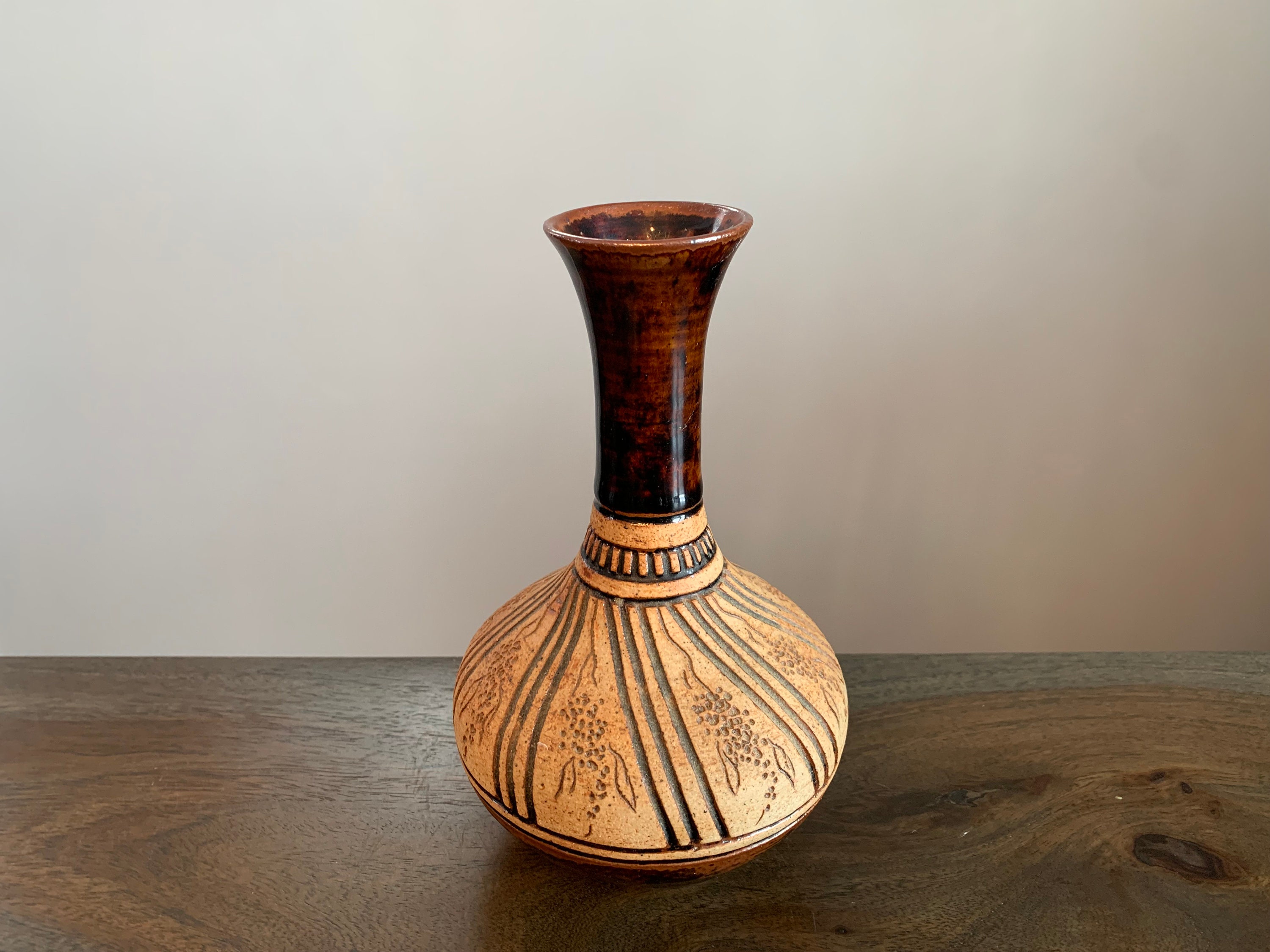 Studio Pottery Vase Signed Paul Handmade Brown Glaze Etched Wines High ...