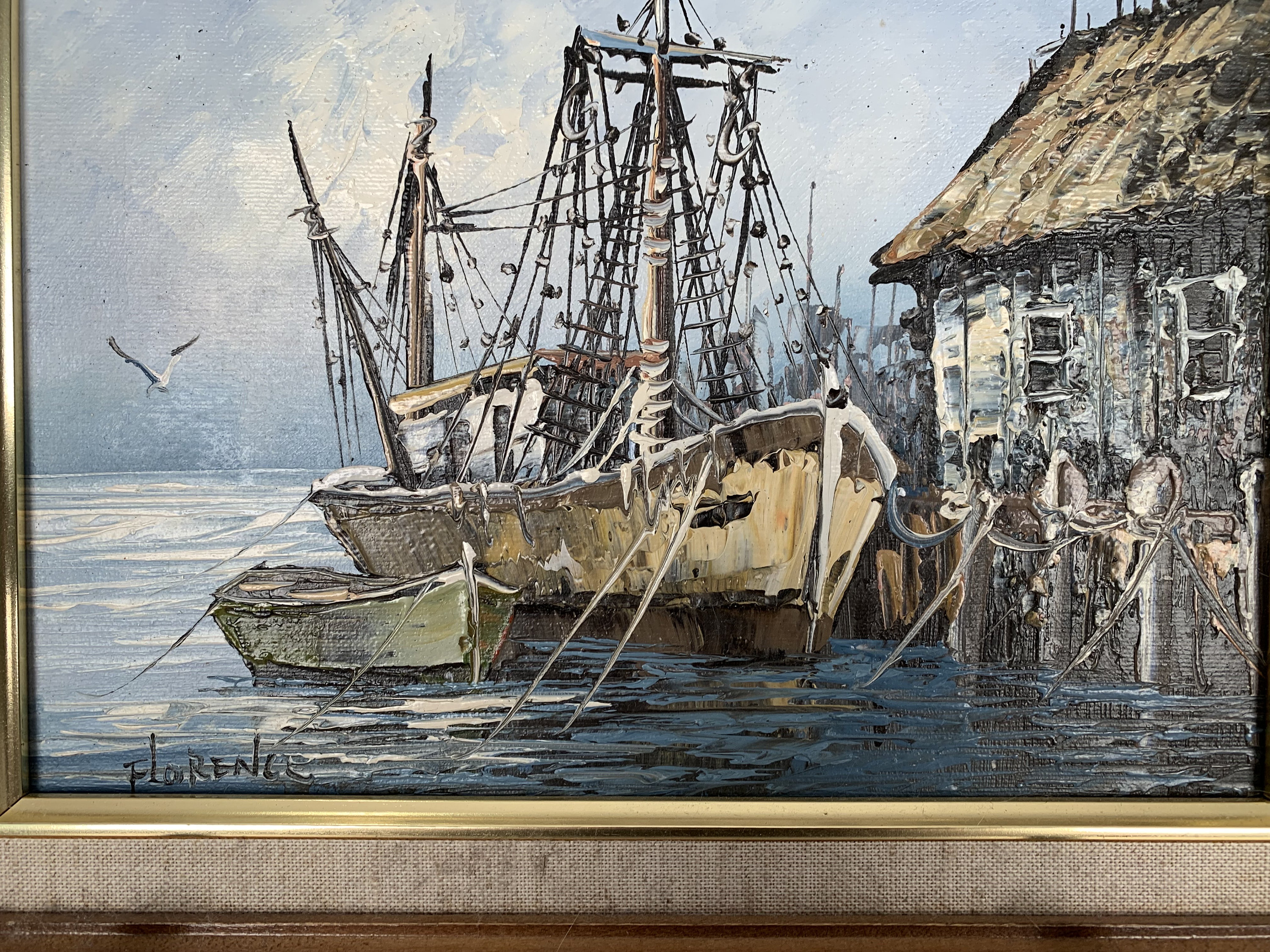 Oil Painting on Canvas Fishing Boats Signed Florence Vintage in the ...