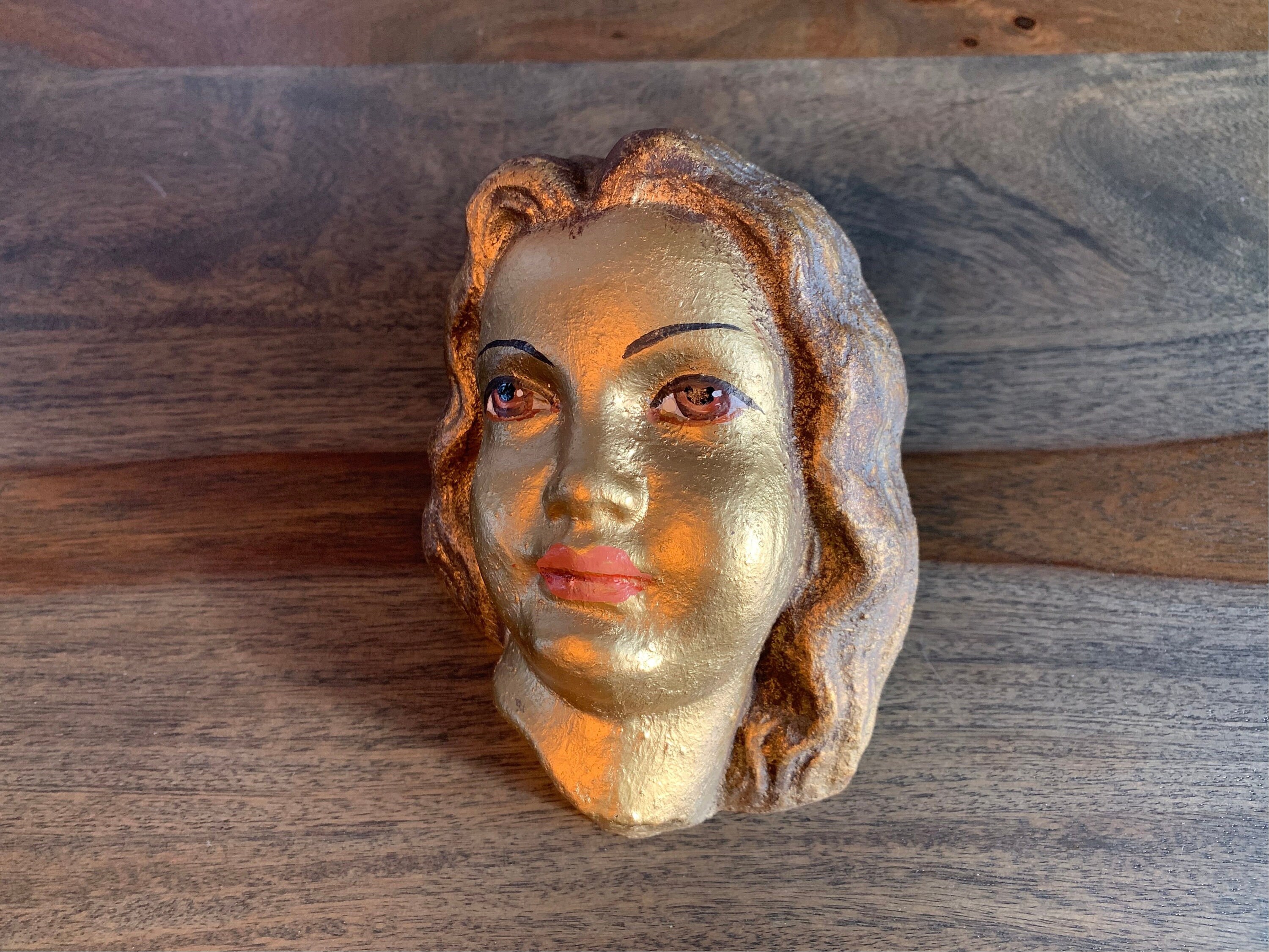 Sculpture Woman Face Gold Tone Brown Eyes Stamped Amphora Made in Spain ...