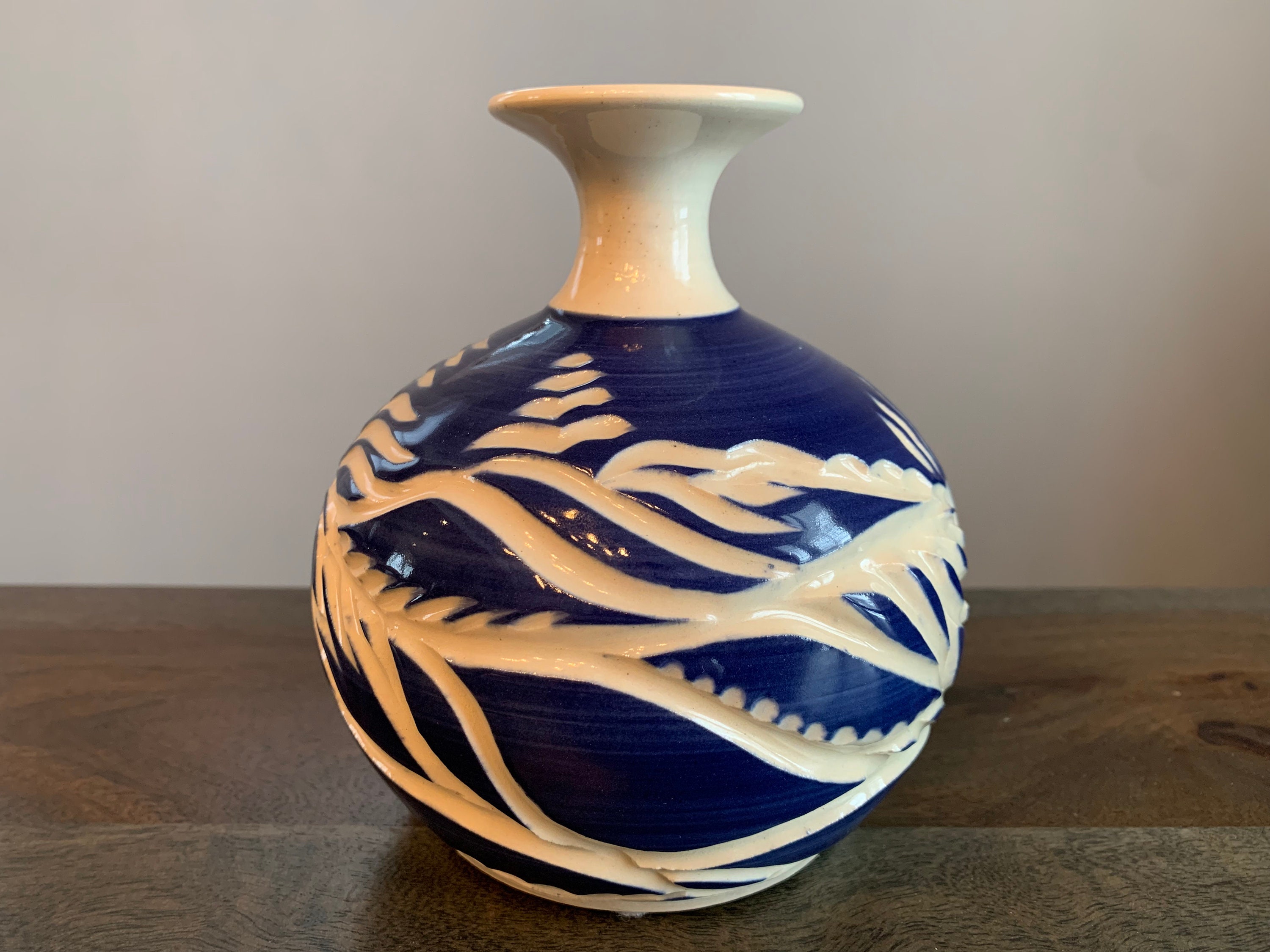 Signed Studio Pottery Vase Blue White Signed Mckinnon Que Made in ...
