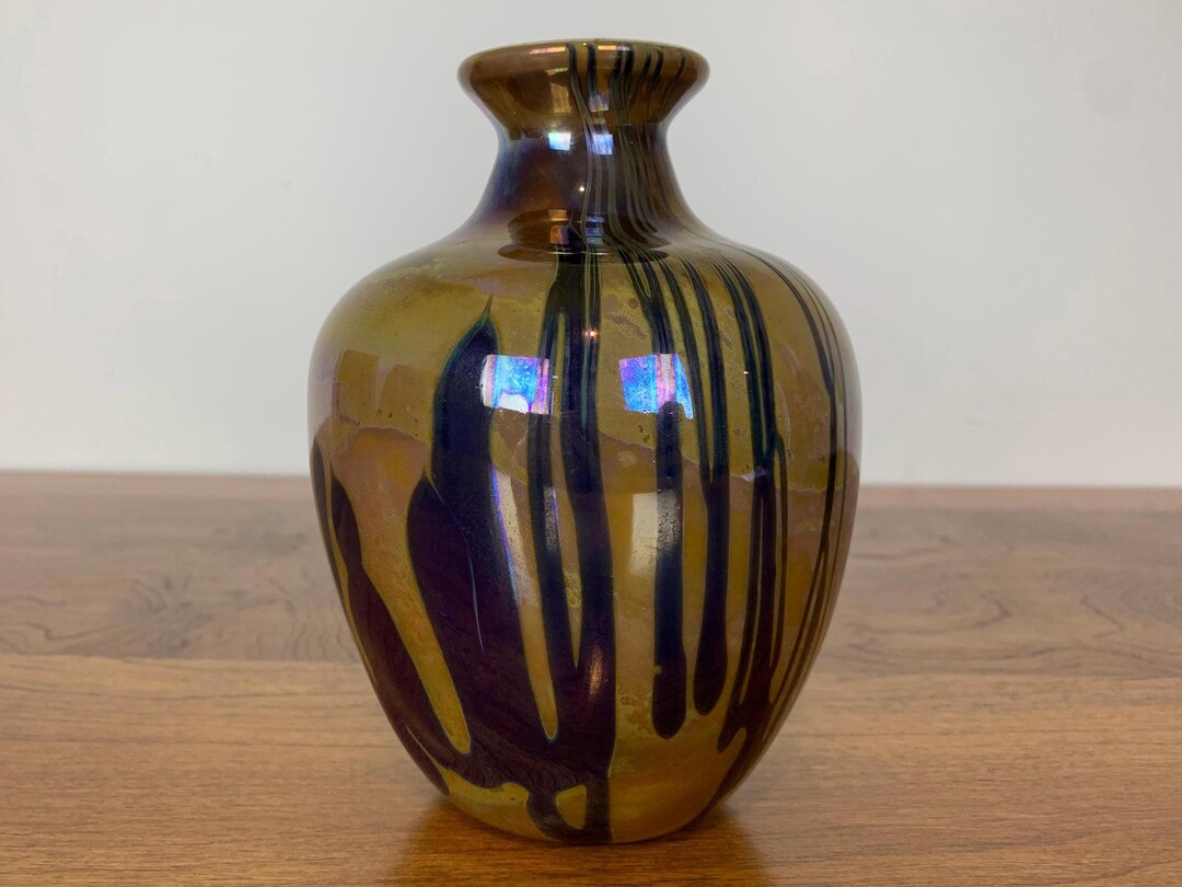 Stephen Fellerman Signed Art Glass Vase 1977 Iridescent Vintage Brown ...