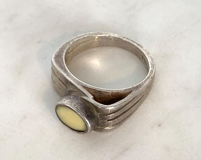 Sterling Silver Ring Beige Stone Size 5.25 Abstract Space Age Vtg Stamp ...