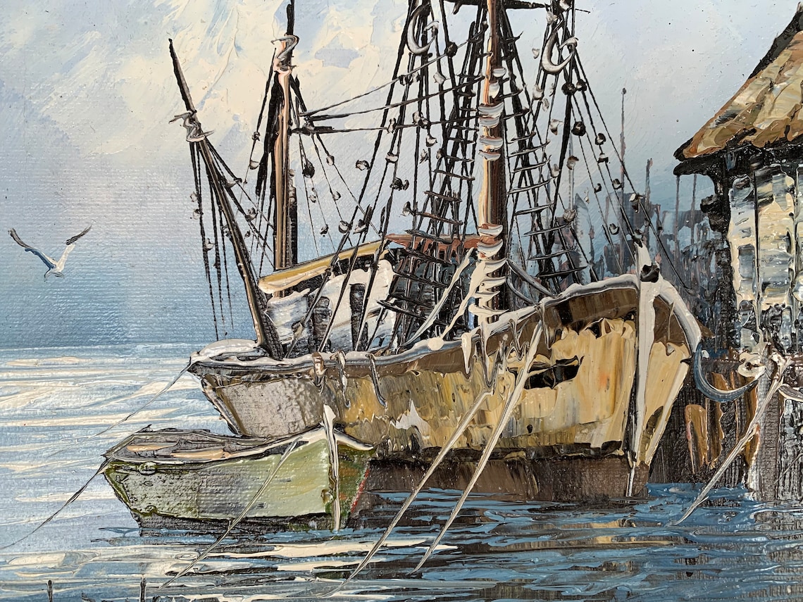 Oil Painting on Canvas Fishing Boats Signed Florence Vintage in the ...