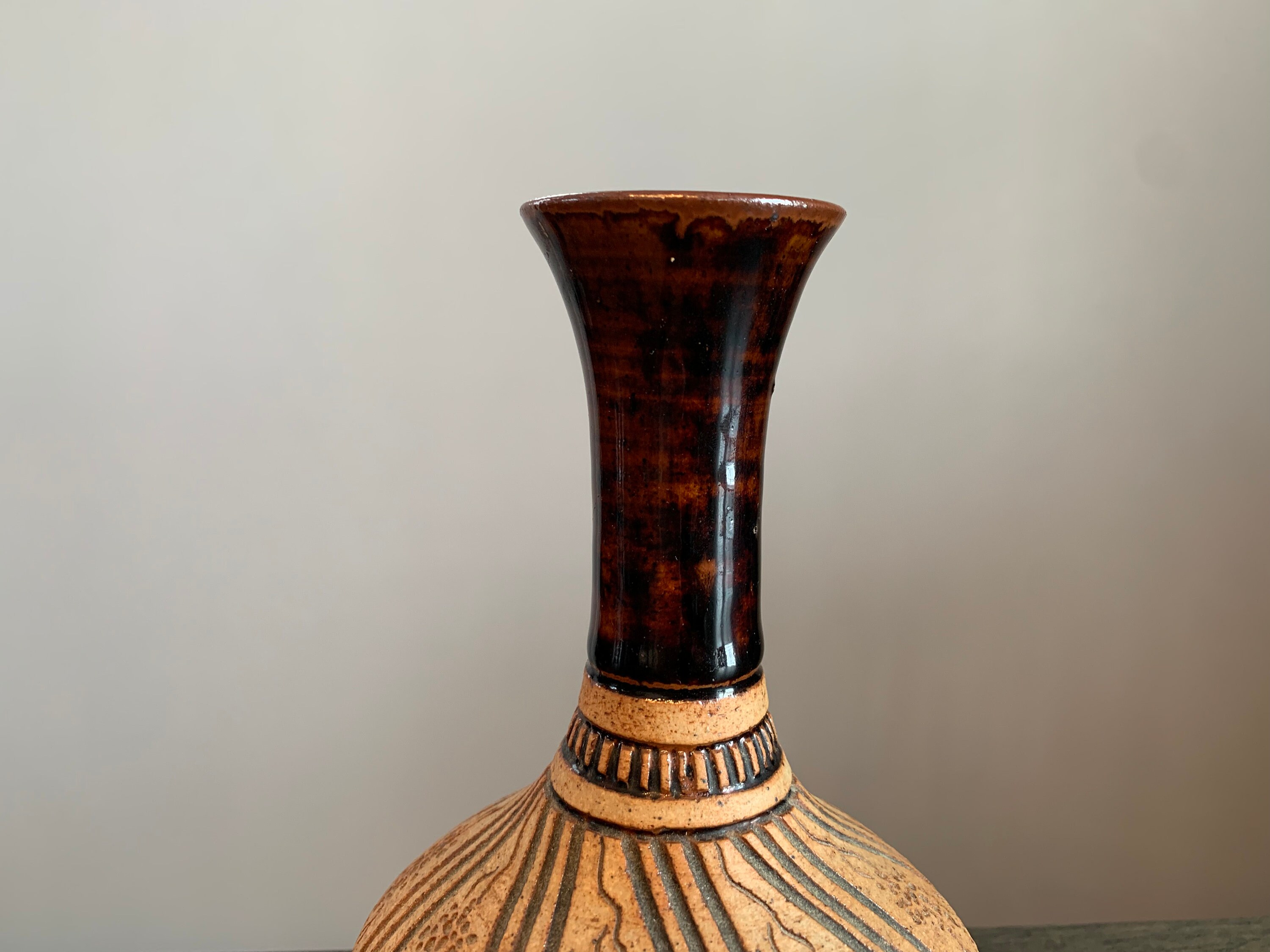Studio Pottery Vase Signed Paul Handmade Brown Glaze Etched Wines High ...