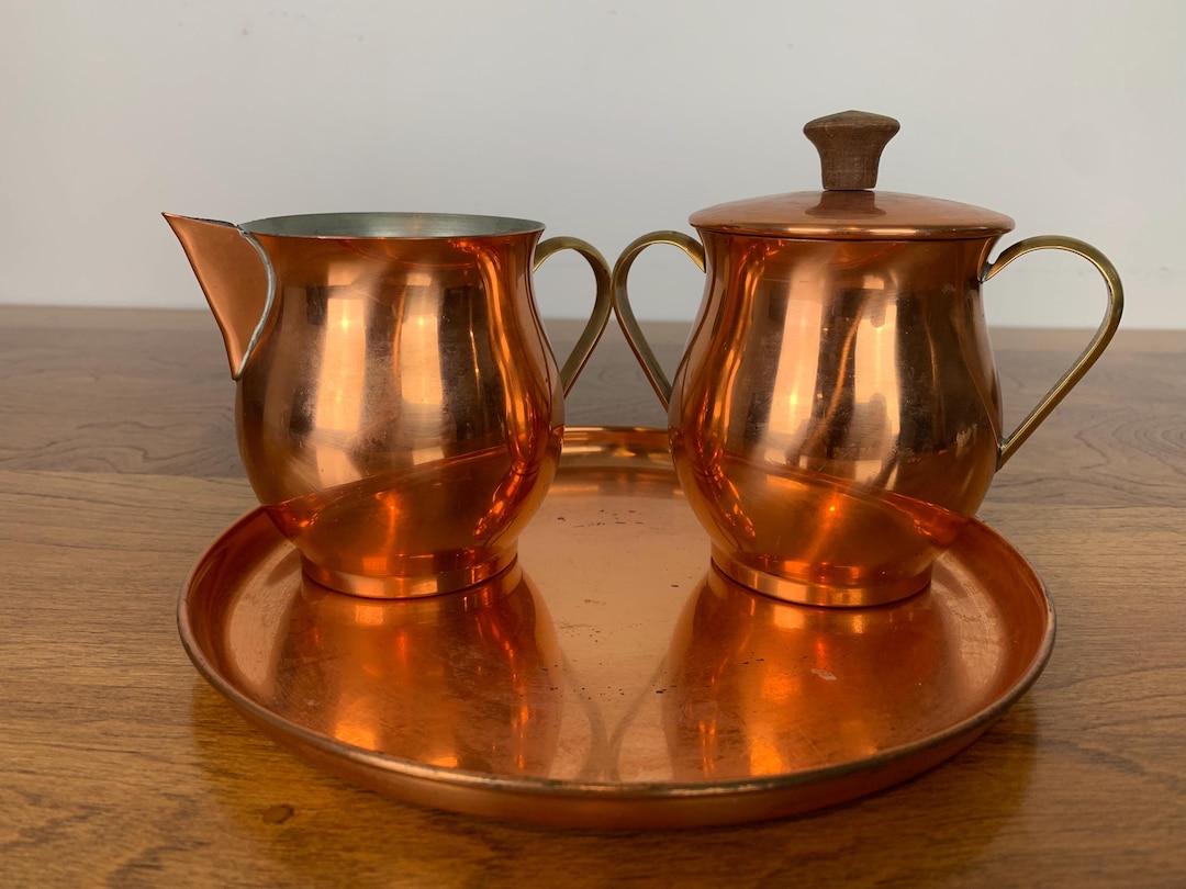 Copral Copper Brass Creamer Sugar Bowl Tray Set Made in Portugal Vtg ...
