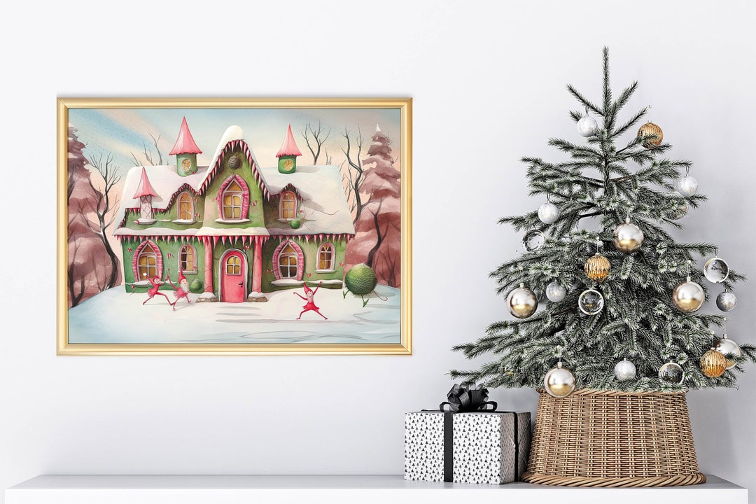 Christmas Elves House Wall Art Digital Winter Wonderland Prints Pink ...