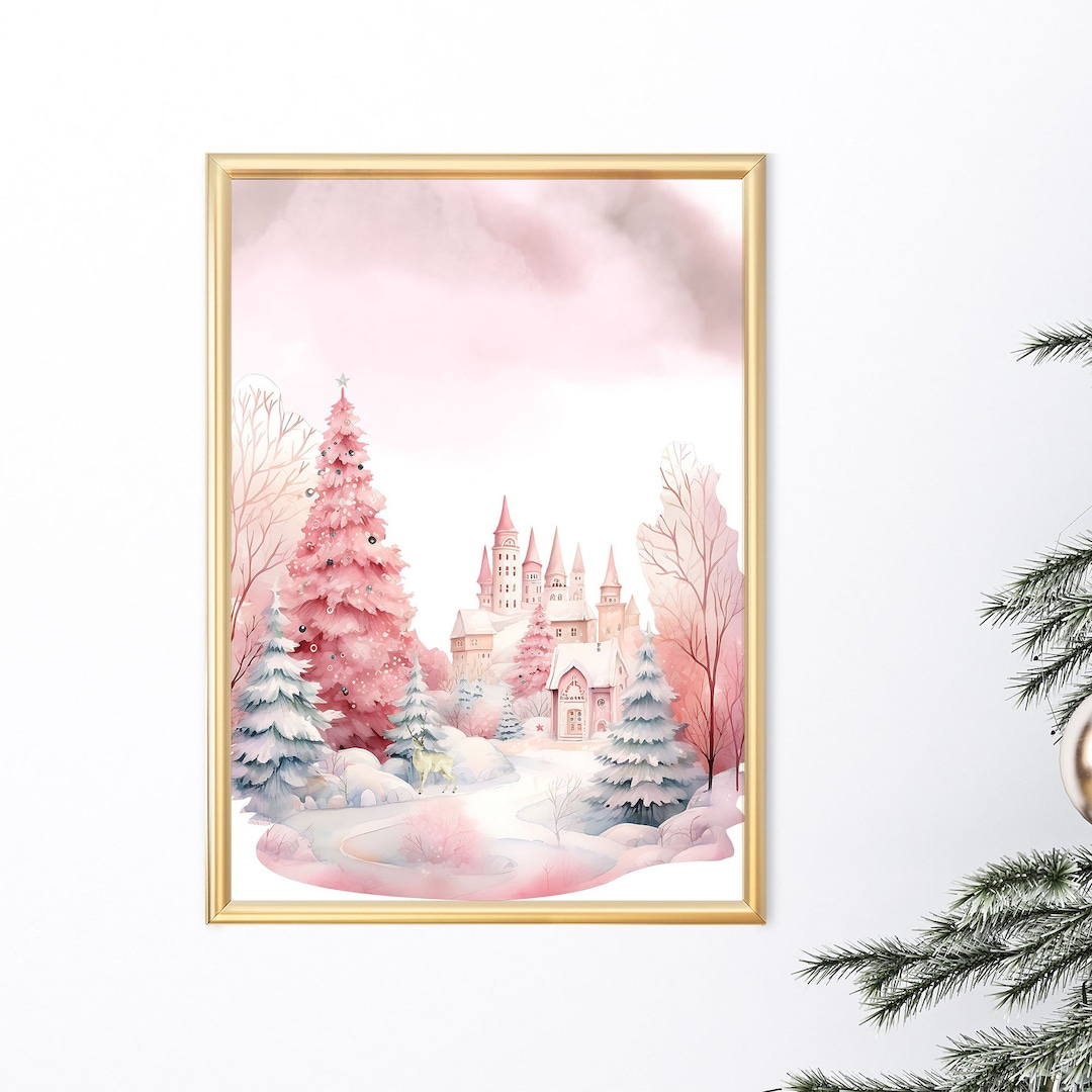 Pink Christmas Scene Wall Art INSTANT DOWNLOAD Pink Tree Watercolor ...