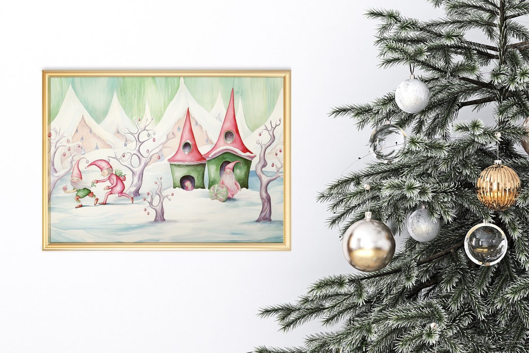 Christmas Elves House Wall Art Digital Winter Snow Scene Prints Pink ...