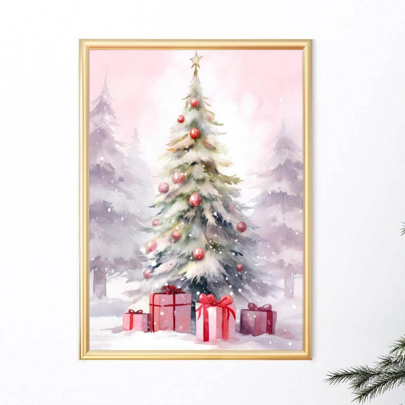 Pink Christmas Scene Wall Art Set of 4 INSTANT DOWNLOAD Pink Watercolor ...