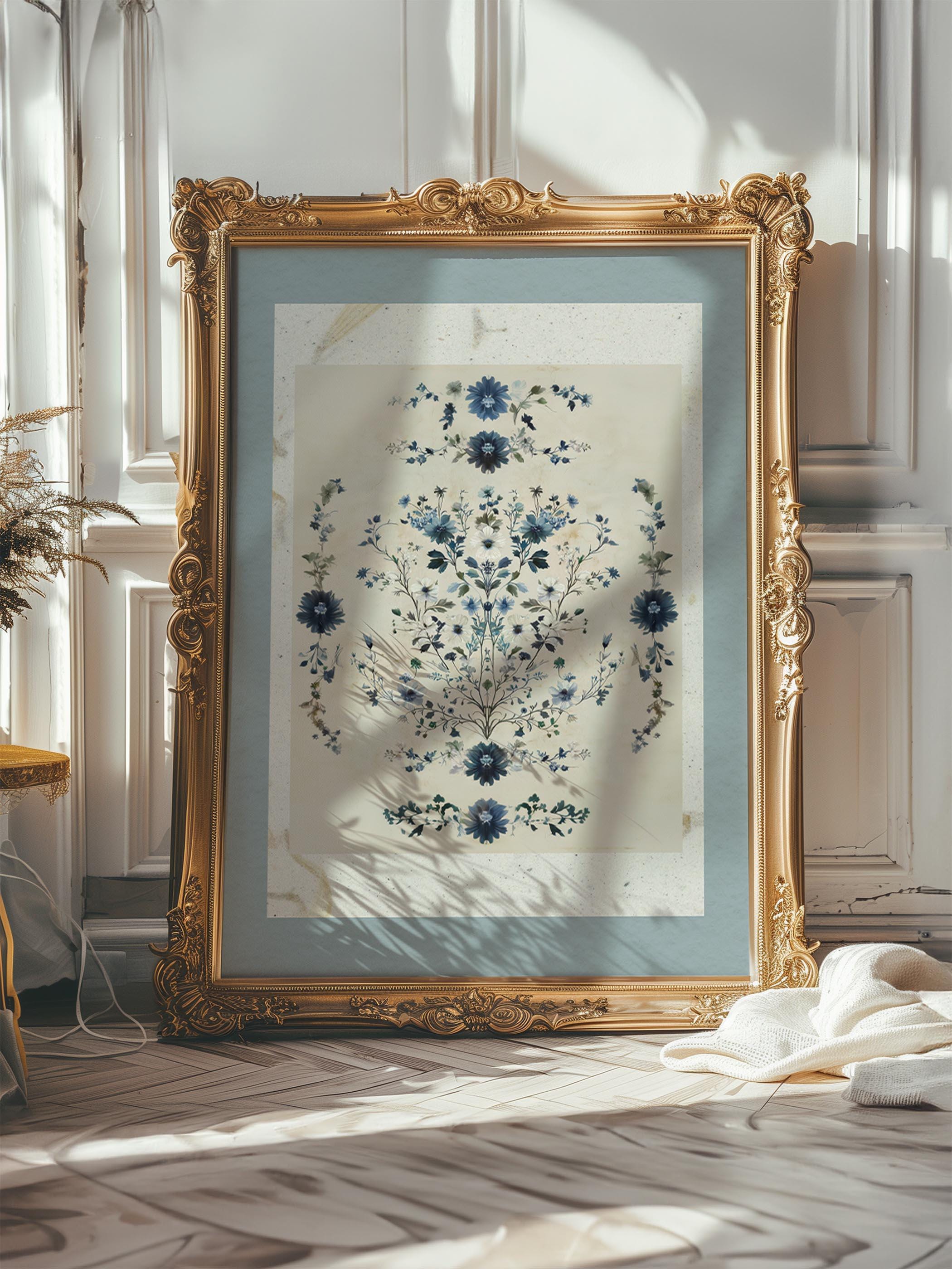 French Blue Botanical Motif Wall Art Printable, Vintage Floral ...