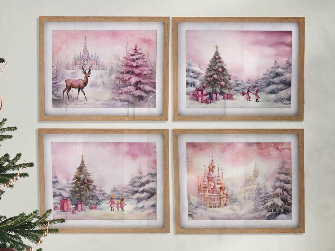 Pink Christmas Scene Wall Art Set of 4 INSTANT DOWNLOAD Pink Watercolor ...