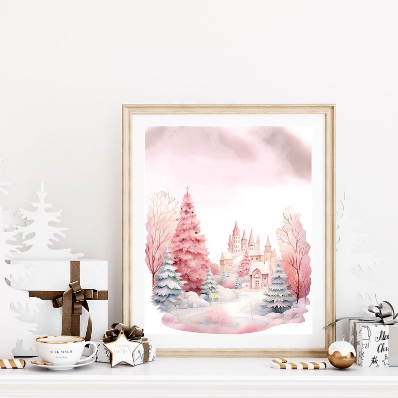 Pink Christmas Scene Wall Art INSTANT DOWNLOAD Pink Tree Watercolor ...