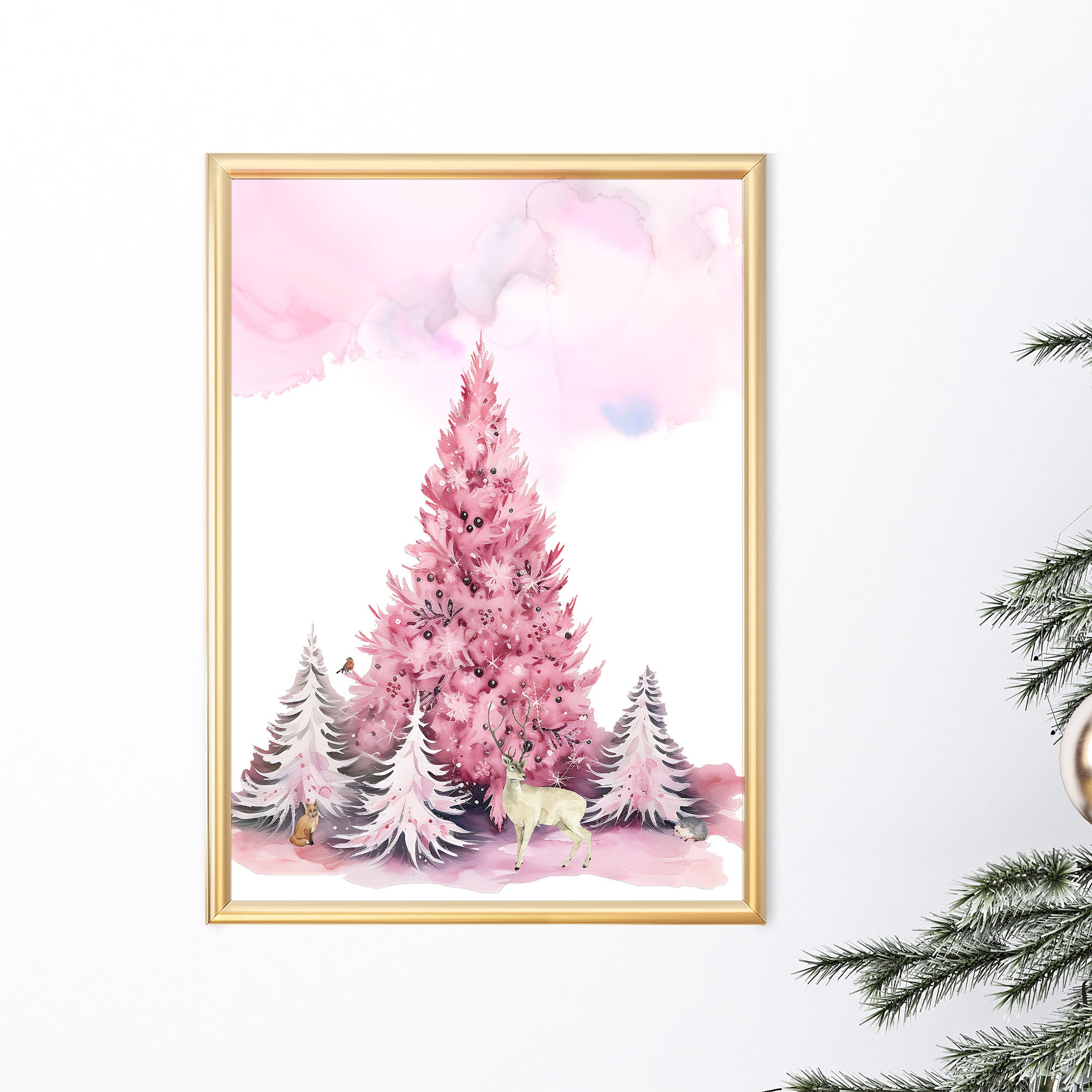 Pink Christmas Scene Wall Art Set of 4 INSTANT DOWNLOAD Pink Watercolor ...