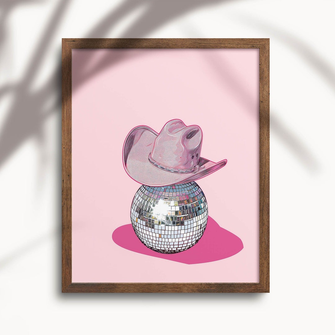 Preppy Disco Ball Pink Cowgirl Hat Wall Art, Dorm Room Décor Print ...