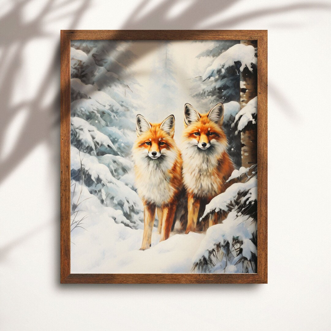Snowy Winter Fox Art PRINTABLE, Foxes in Winter Forest Oil Painting ...