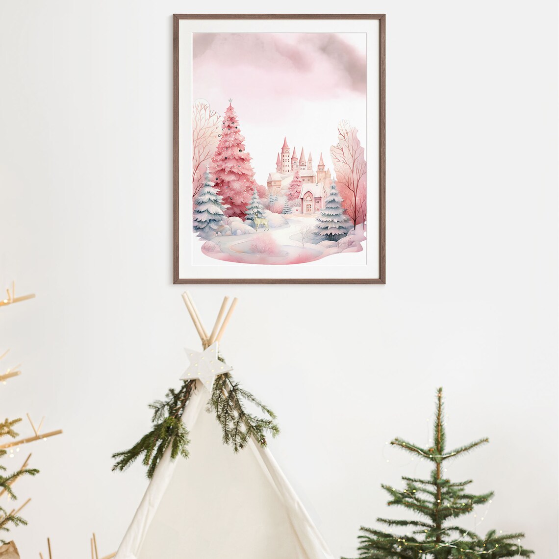 Pink Christmas Scene Wall Art INSTANT DOWNLOAD Pink Tree Watercolor ...