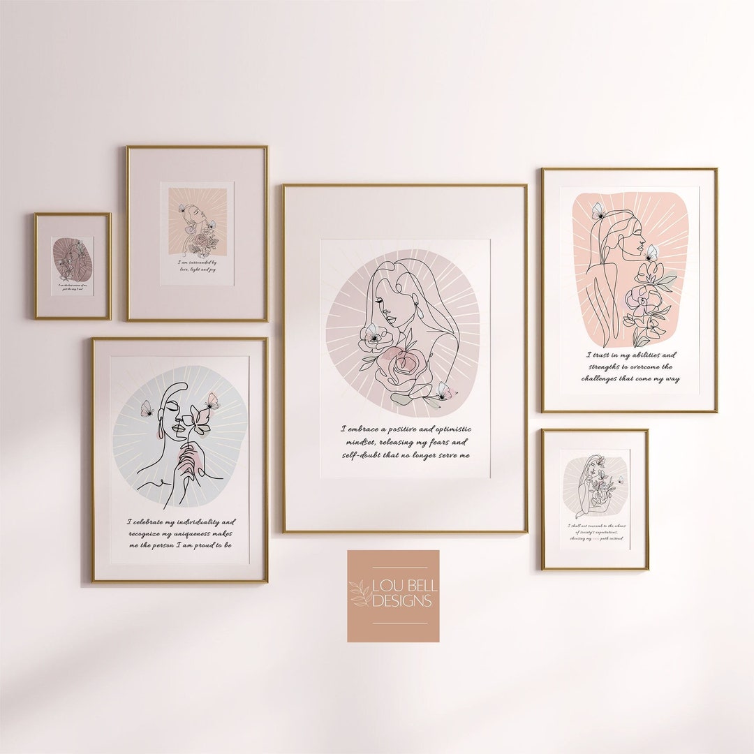 Empowered Women Line Art Gallery Set Print, Motivational Quotes Wall ...