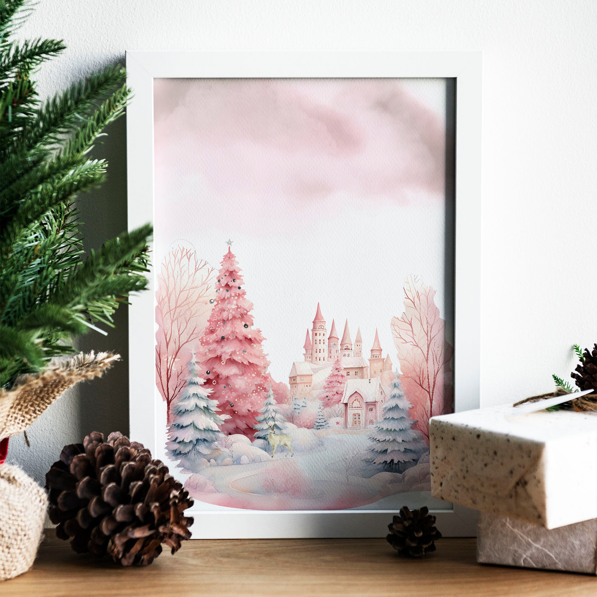Pink Christmas Scene Wall Art INSTANT DOWNLOAD Pink Tree Watercolor ...