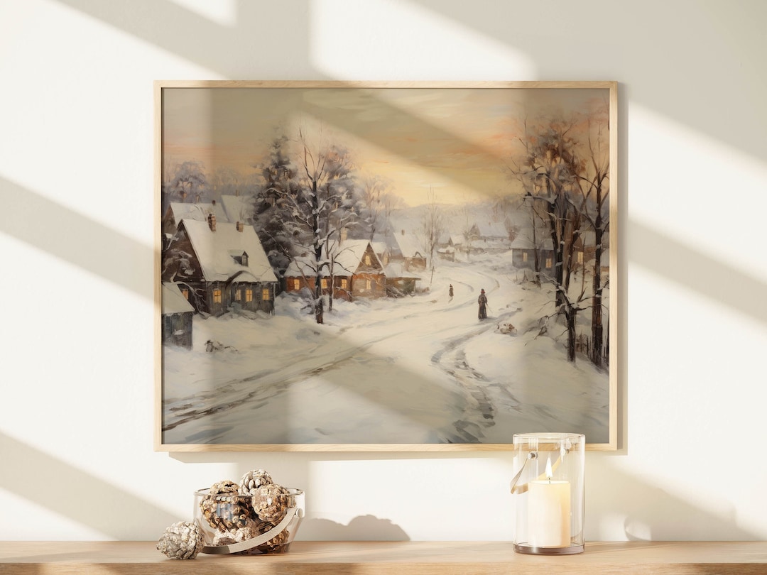 Vintage Snowy Village Scene Wall Art PRINTABLE Vintage Christmas Winter ...