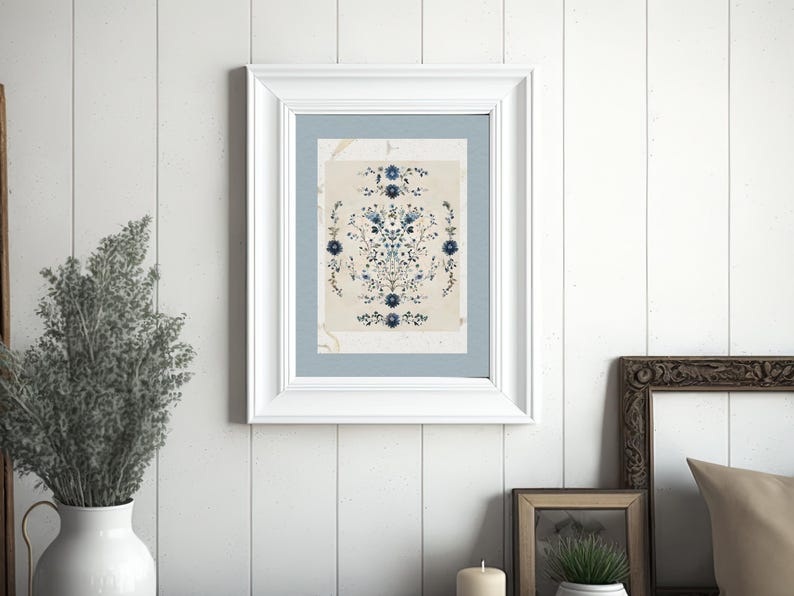 French Blue Botanical Motif Wall Art Printable, Vintage Floral ...