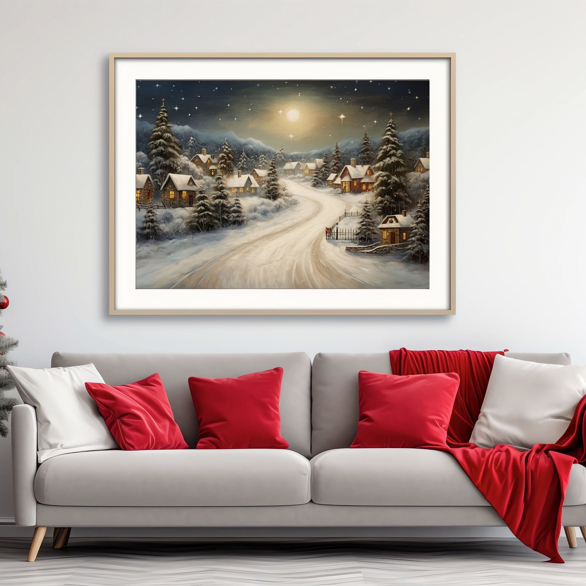 Vintage Christmas Village Wall Art Printable Vintage Christmas Winter Night Wall Art Farmhouse ...