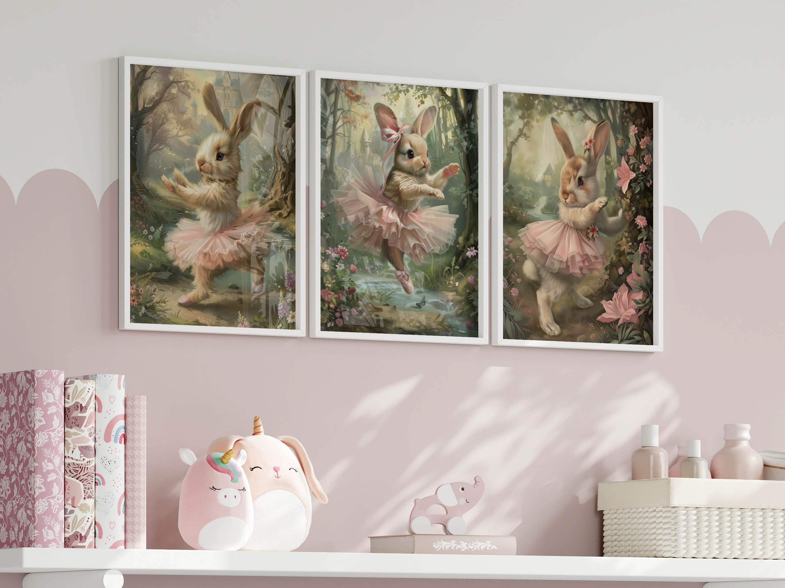 Ballerina Bunny Wall Art Set of 3 Print Pink Tutus, Cute Ballerina ...