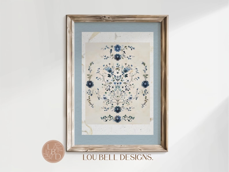 French Blue Botanical Motif Wall Art Printable, Vintage Floral ...