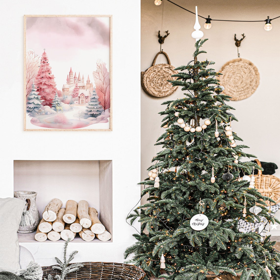 Pink Christmas Scene Wall Art INSTANT DOWNLOAD Pink Tree Watercolor ...