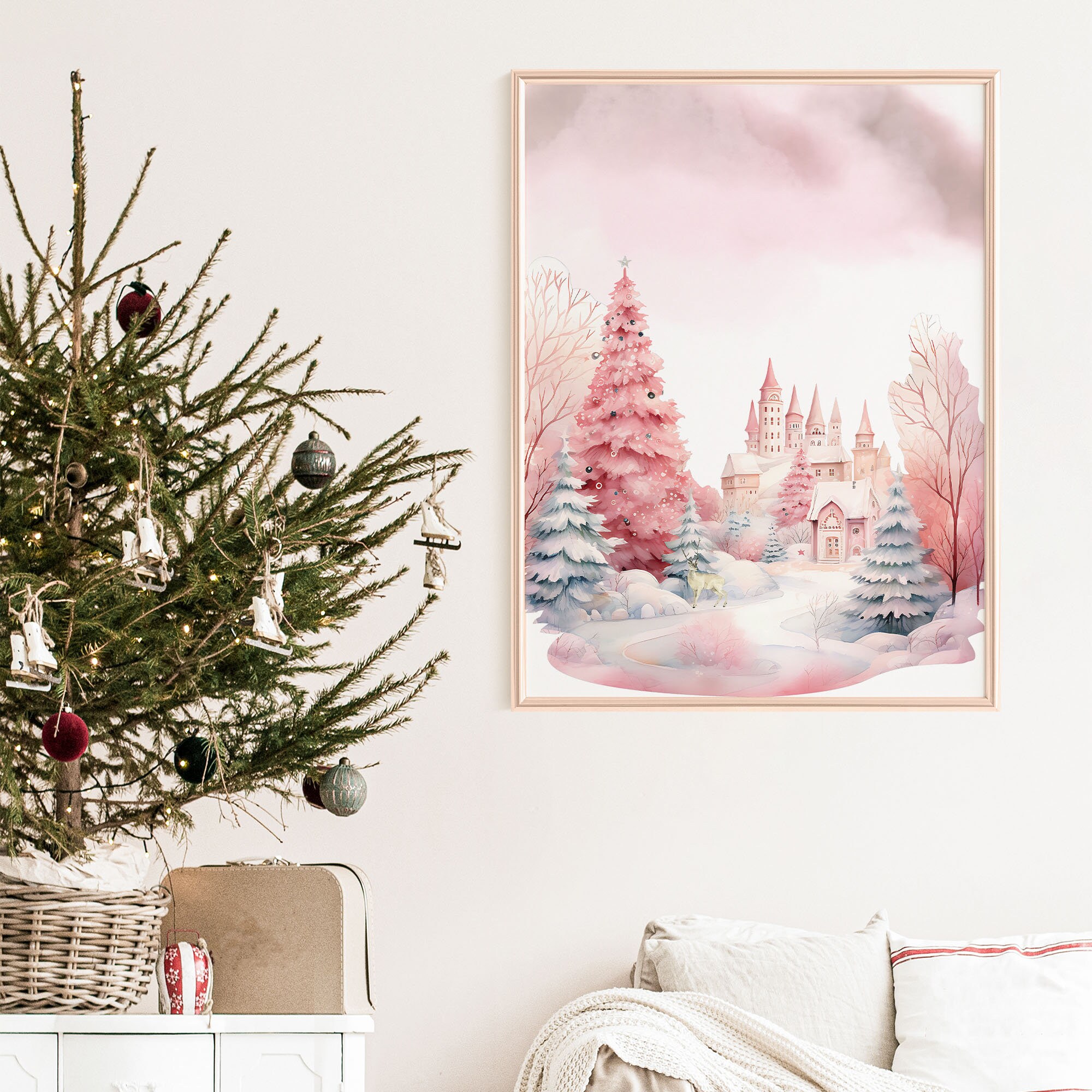 Pink Christmas Scene Wall Art INSTANT DOWNLOAD Pink Tree Watercolor ...