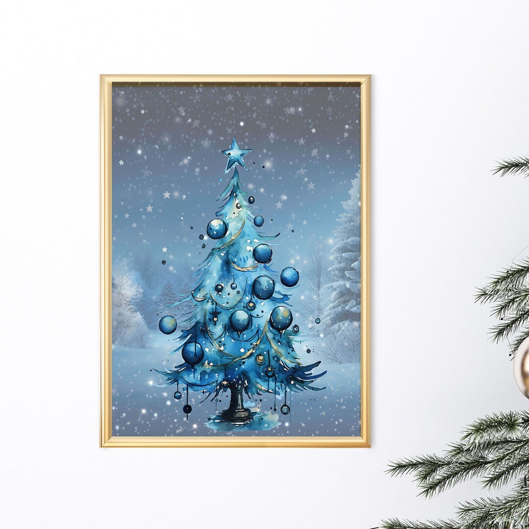 Blue Christmas Tree Wall Art INSTANT DOWNLOAD Blue Xmas Watercolor Blue ...