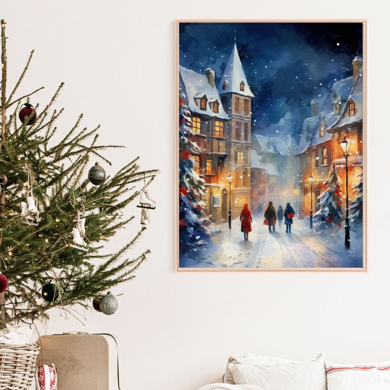 Printable Art Blue Christmas Village Winter Town Wall Art Snowy Winter ...
