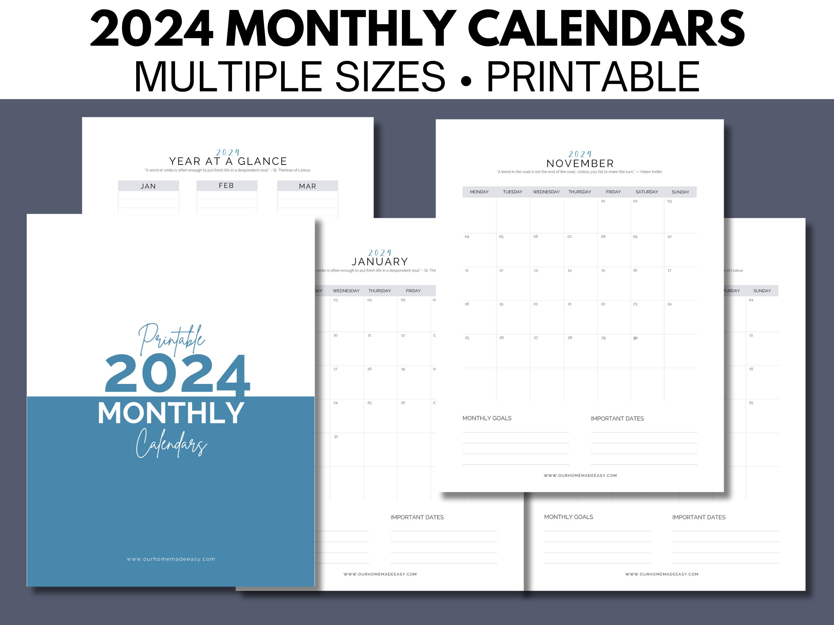 2024 Printable Monthly Calendar Set - Year at a Glance Included ...