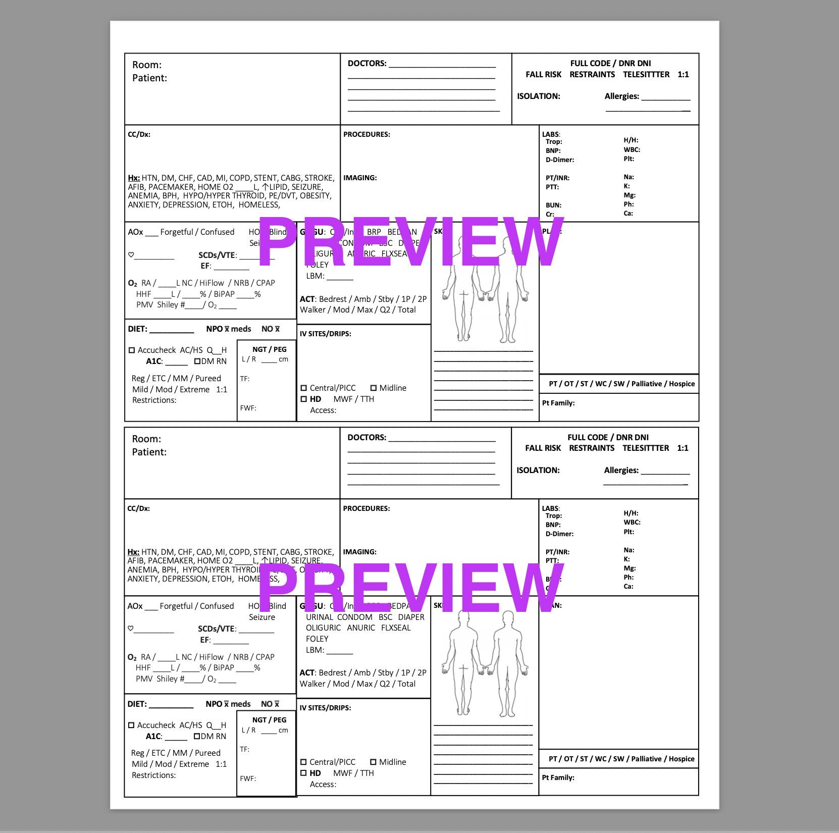 Vertical Nursing Report Sheet/brain (IMC/PCU) - 2 Patient - Etsy