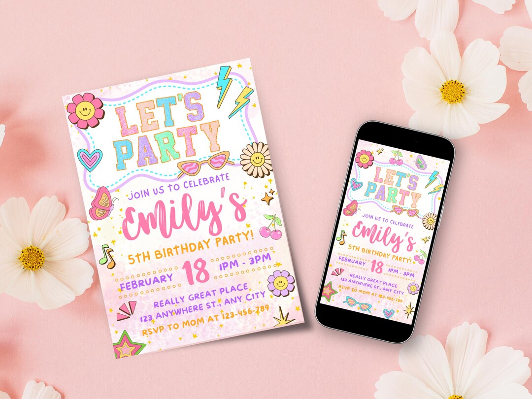 Editable Let's Party Varsity Patch Letters Invitation, Any Age Retro ...