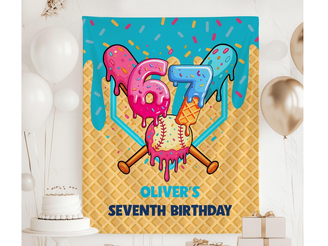 Custom 67 Drippy Baseball Birthday Banner, 6 7 Ice Cream Drip Baseball ...