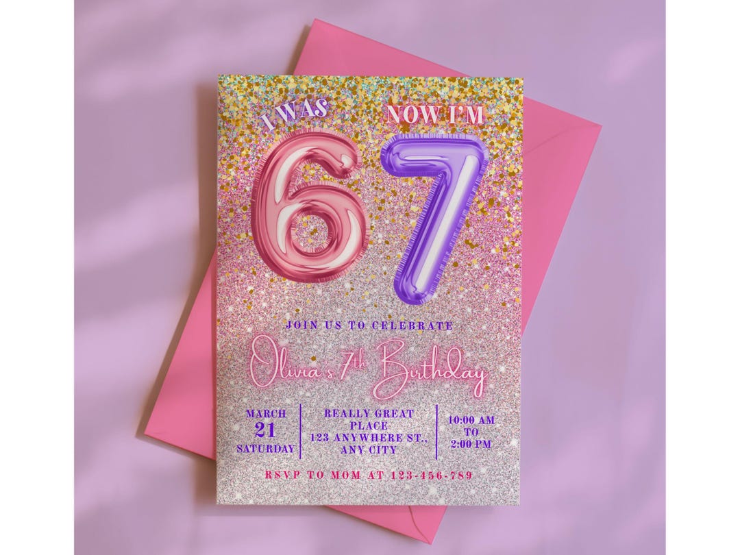 Editable 6 7 Foil Balloon Birthday Invitation Template, Girl Glitter ...