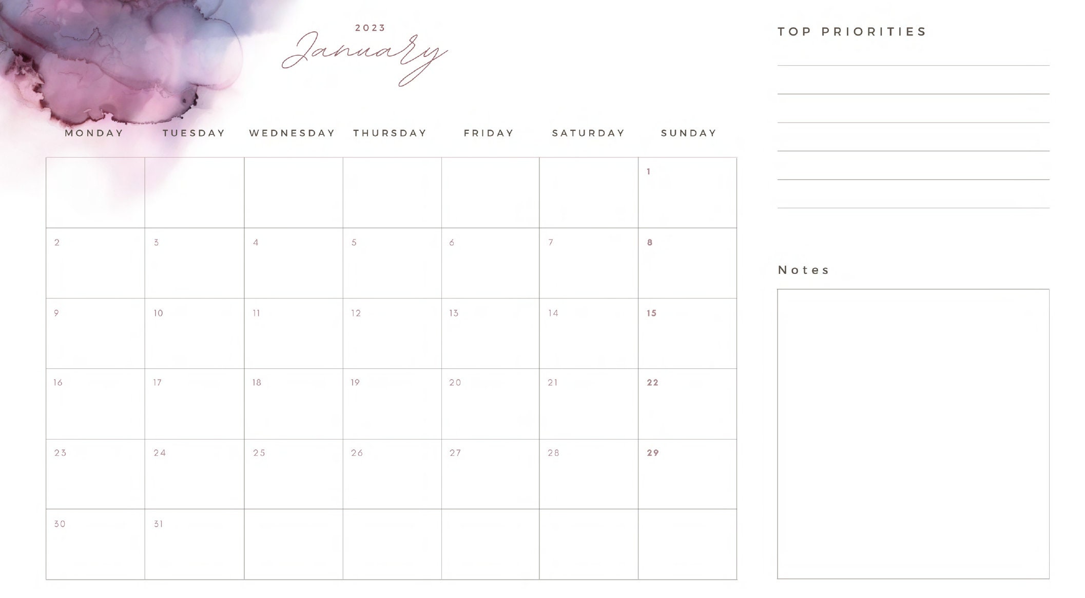 2023 Printable Watercolor Calendar , Pink/purple Watercolor Printable ...
