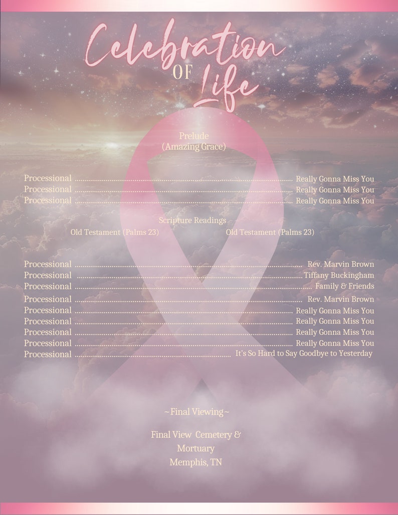 Breast Cancer 11 X 17 Bifold Template Obituary Funeral Announcement ...