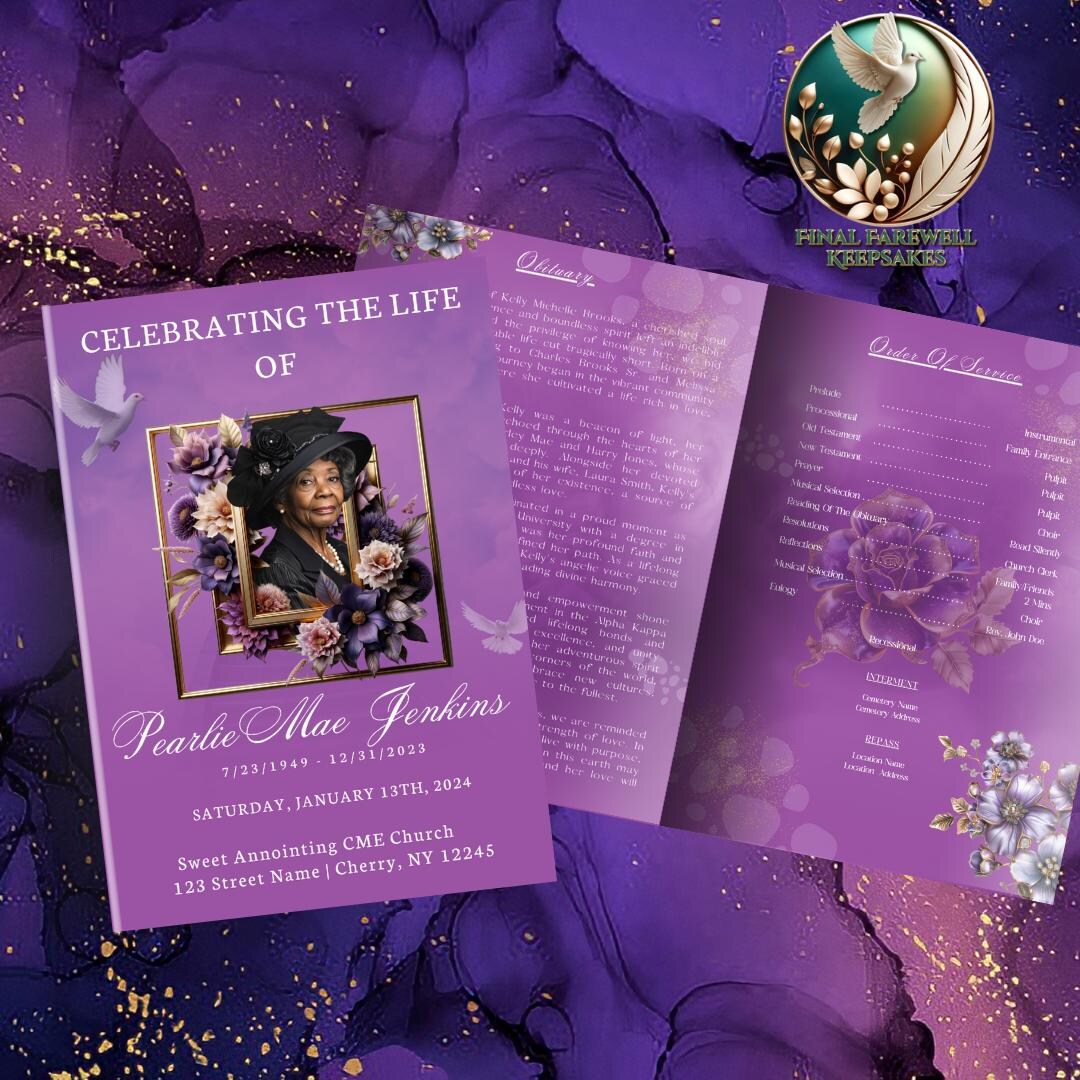 Standard 8.5x11| Purple | Memorial Program | Bifold| Template| Obituary ...