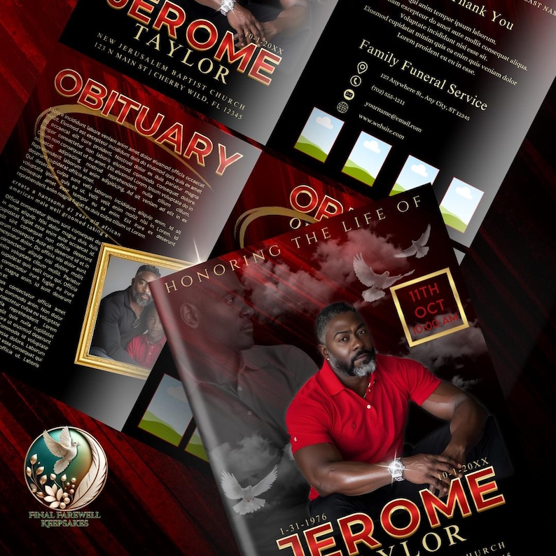 Red and Black Memorial Program | 11 X 17 | Bifold| Template| Obituary ...