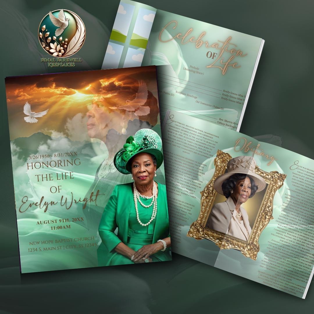 Green | Elegant Obituary Program | 11 X 17 | Bifold| Template| Obituary ...