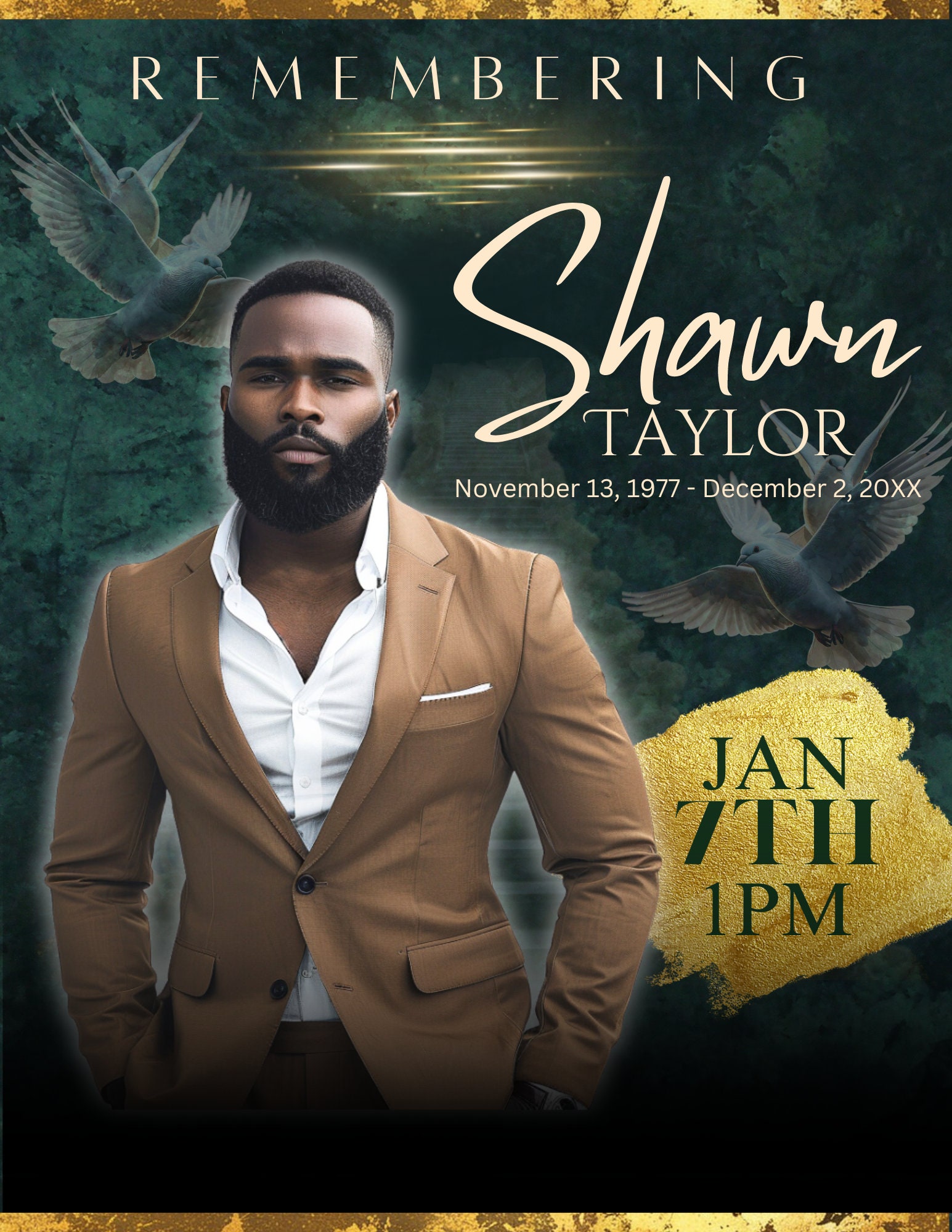 Green and Gold Memorial Program | 11 X 17 | Bifold| Template| Obituary ...