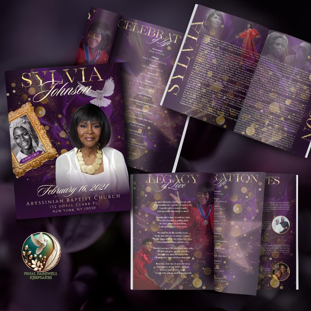 Purple & Gold Elegant Obituary Program | Bifold| Template| Obituary ...