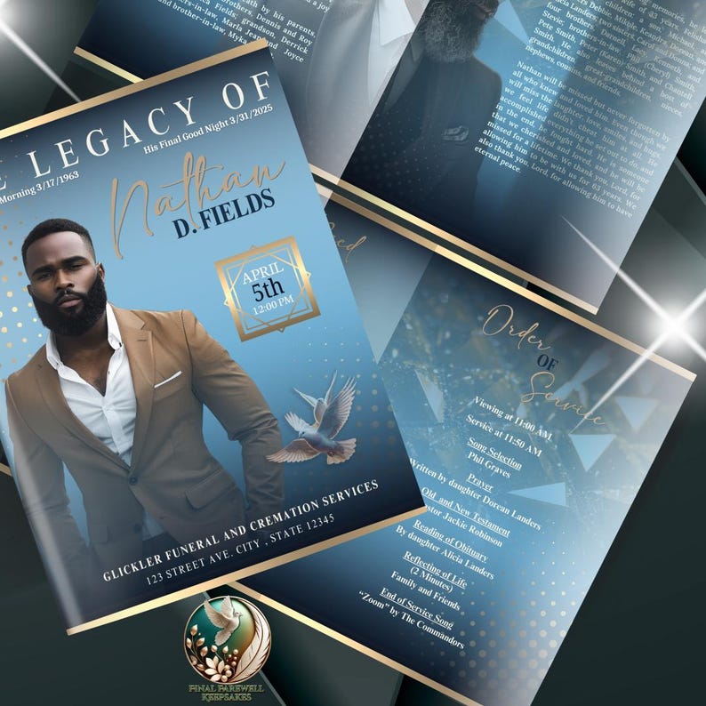 Blue and Gold Obituary Program | Bifold| Template| Obituary | Funeral ...
