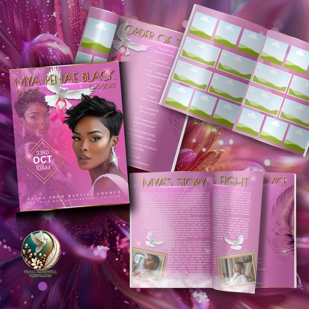 PINK MYA Elegant Obituary Program | Bifold| Template| Obituary ...