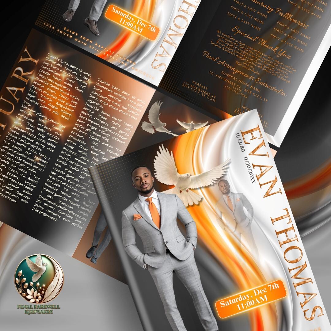 Male Orange Black Memorial Program | 11 X 17 | Bifold| Template ...