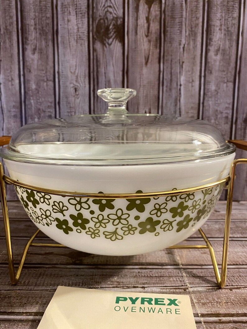 Pyrex 404 Very Rare Spring Blossom Green Casserole 4 QT Dish W/ Mounter ...