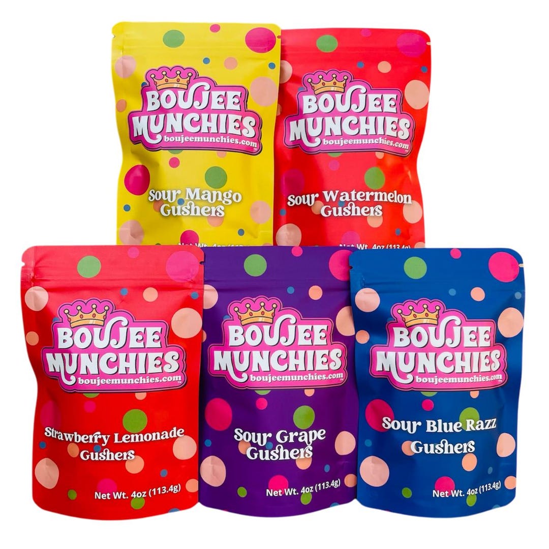 Boujee Munchies Sour Gusherzz, Blue Raspberry, Watermelon, Mango, Grape ...